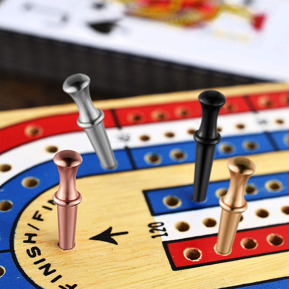 Cribbage Board by Bicycle 3-Track Colour Coded Real Pine Wood Cribbage Game with Deck of Bicycle Cards and Premium Metal Cribbage Pegs