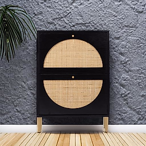 ZeHuoGe Natural Rattan Shoe Cabinet with 2 Flip Drawers, Entrance Hallway Slim Entryway Shoe Organizer, Black Shoe Rack Storage Cabinet for Modern Heels, Boots, Slippers (Black)