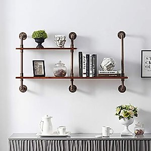 ivinta 2-Tier Floating Shelves Industrial Pipe Shelf Wall Mounted Solid Wood Shelf Hanging Wall Bookshelf for Kitchen Office Ladder Shelf for Living Room Bathroom