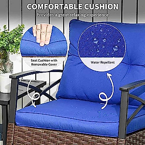 Outsunny 3 Piece Rocking Bistro Set, Outdoor Wicker Patio Furniture, 2 Porch Rocker Chairs with Glass Coffee Table, Tufted Cushions, Patio Conversation Set, Dark Blue