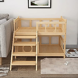 HYDT Luxury Double-Layer Dog Bed Pet Sofa with Bedding&Guardrail,Solid Wood Bedside Pet Cot with Grey Cushion Set,Four Seasons Universal (Size : 120x60x90cm/47.2x23.6x35.4in)