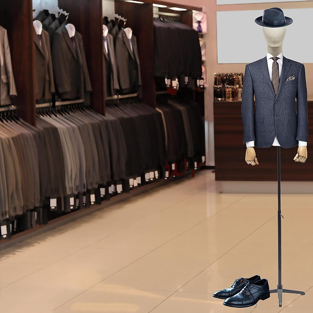 Male Mannequin Torso with Head, Dress Form Male 53"~76" Height Adjustable Body with Tripod Metal Stand, Sewing Mens Mannequin with Detachable Flexible Solid Wood for Store Display