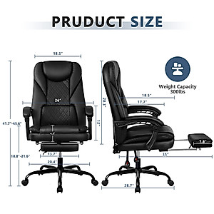 Guessky Executive Office Chair, Big and Tall Office Chair with Foot Rest Reclining Leather Chair, High Back Ergonomic Home Office Desk Chair(Black)