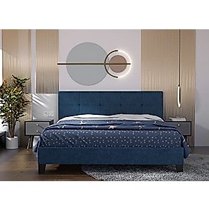 Melpomene Queen Bedframe Navy Linen Upholstered, Staycation Style Mattress Foundation with Wood Slats and Headboard for Bedroom