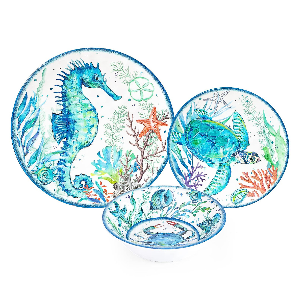 LEHAHA 12-Piece Melamine Beach Dinnerware Set, Coastal Plates and Bowls Sets, Oceanic Sea Life Dish Sets for 4, Great for Indoor Outdoor Dining on the Beach, RV, Camping or Cabin