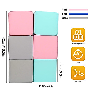 TRENDBOX Toddler Foam Cubes, 12 Pcs 5.5inch Soft Foam Blocks with Detachable Washable Cover, Soft Stacking Blocks for Baby（Light Gray/Pink/Blue