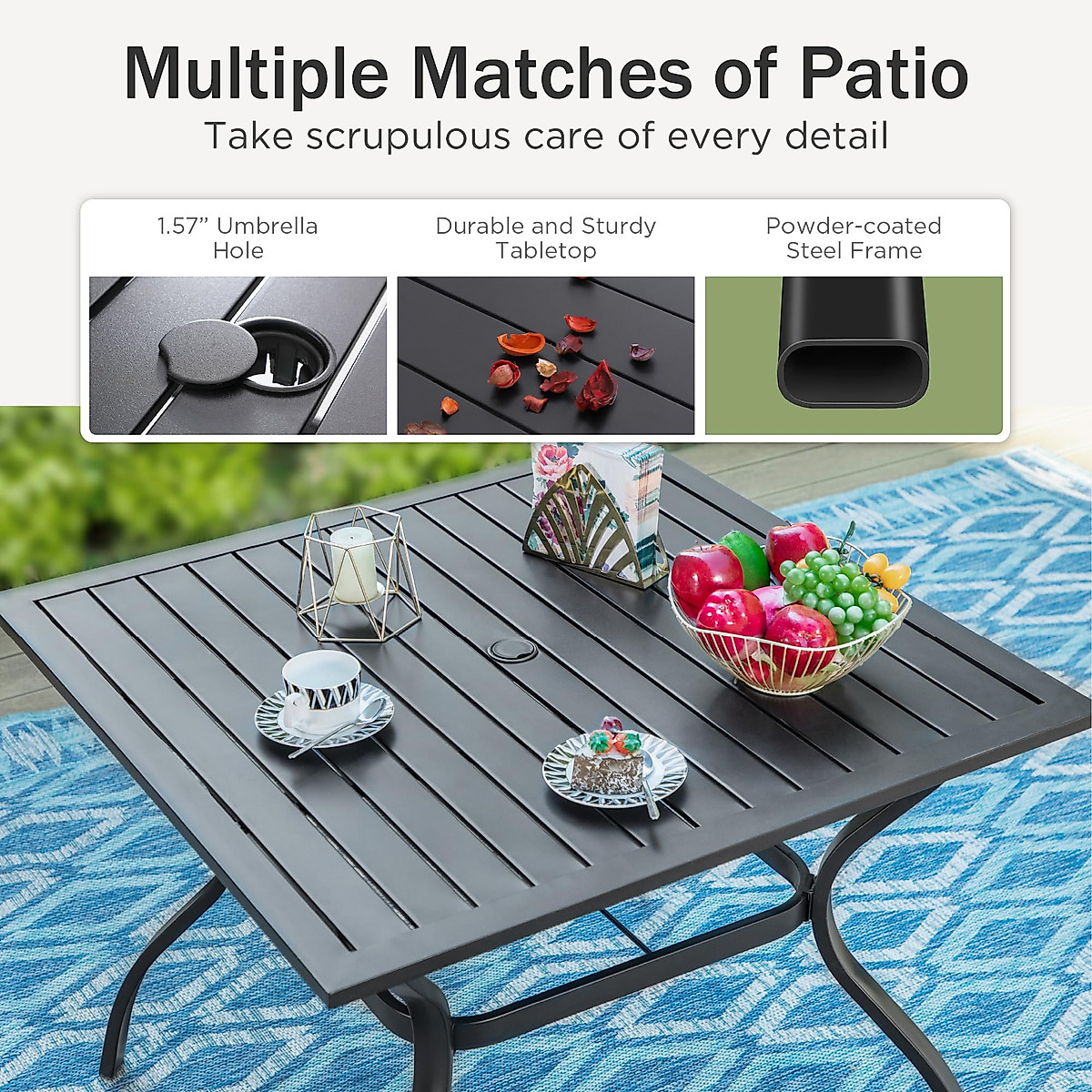 PHI VILLA 5 Pcs Patio Dining Set with Patio Table and Chairs, Outdoor Dining Set for 4 with Adjustable Patio Folding Chairs & Square Patio Dining Table with 1.57" Umbrella Hole, Black