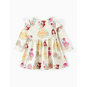 Disney Princess Belle Baby Girl Dress Fall Casual Ruffle Long-Sleeve Baby Clothes A Line Floral Character Print Dresses Yellow 3-6 Months