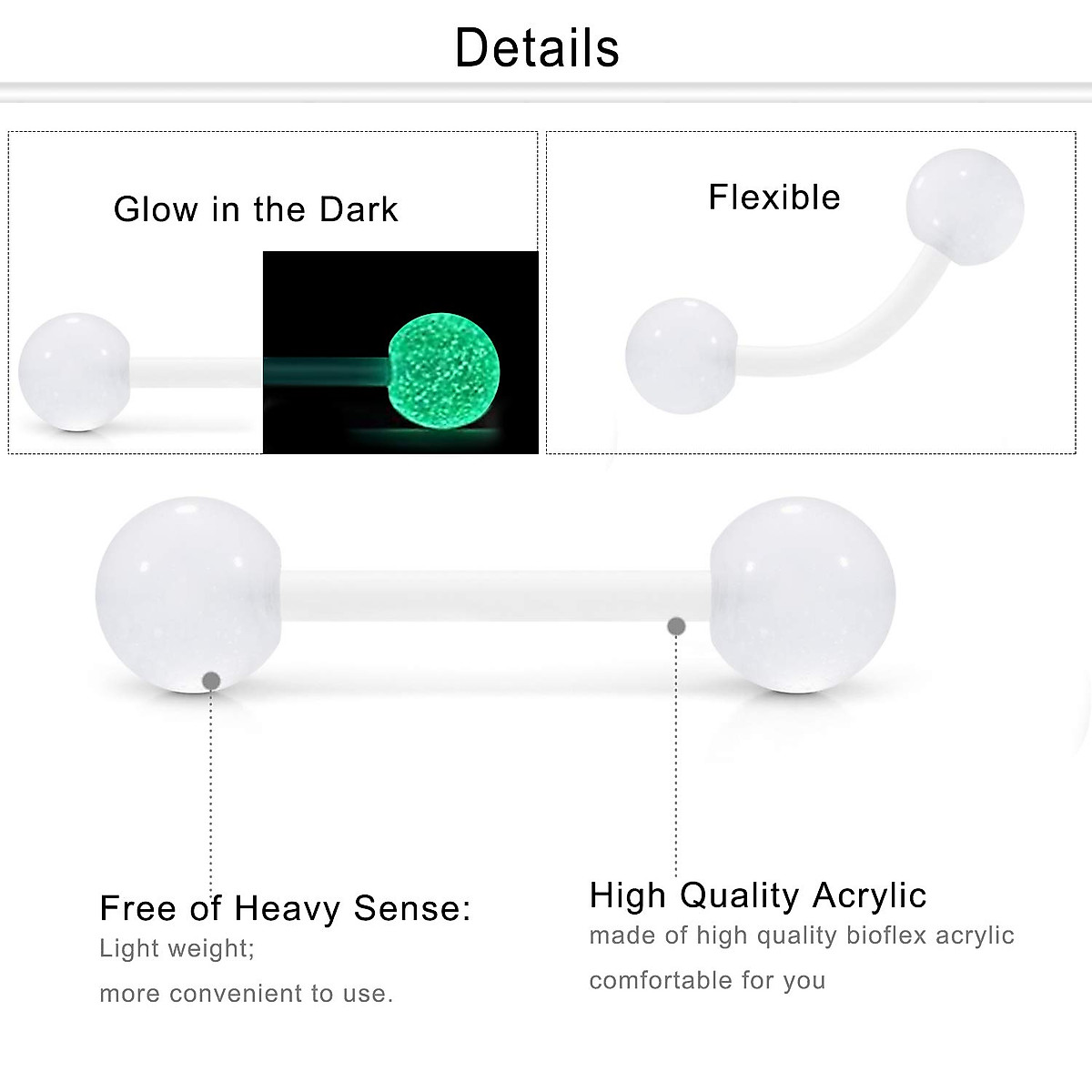 Dyknasz 48PCS 14G Glow in the Dark Nipple Rings Flexible Bioflex Tongue Bar Straight Barbell Retainer Piercing Jewelry for Women Men 2#