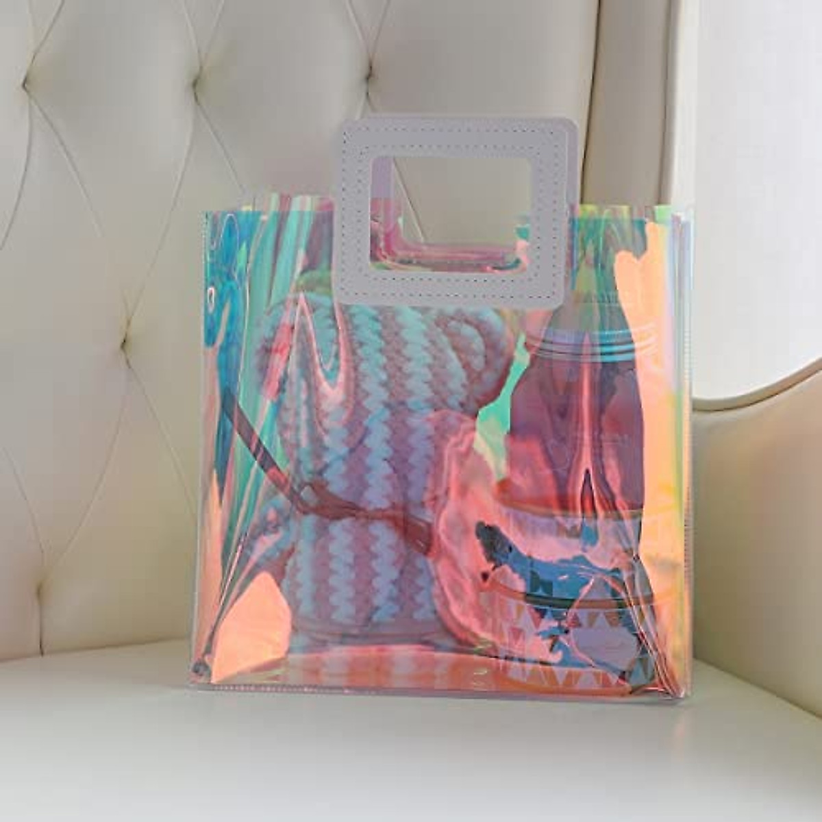VUOJUR Holographic Small Gift Bag 8.3x8x4'' Clear Reusable Birthday Gift Bag for Women Girls Iridescent Christmas Wedding Gift Bag with Handle