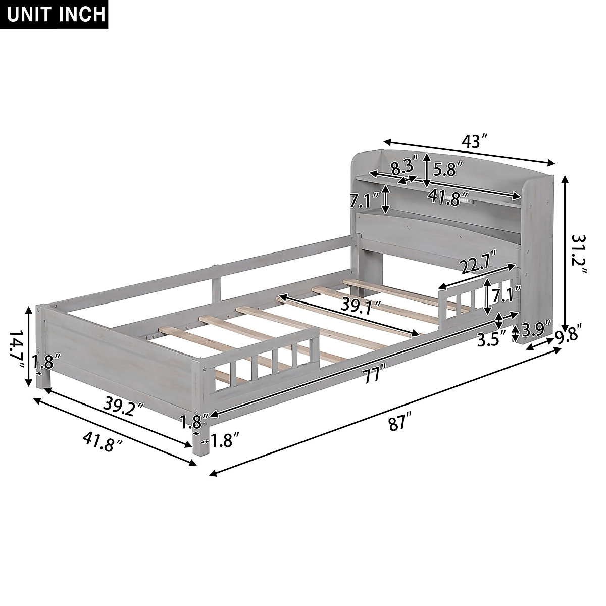 SOFTSEA Twin Size Platform Bed with Storage Headboard and LED Light, Wood Bed Frame with Fence Guardrails for Kids, Kids Twin Bed Frame, No Box Spring Needed, Gray