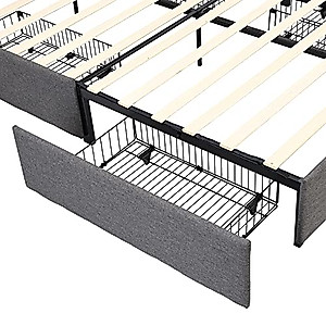 Livavege Upholstered Queen Size Platform Bed with 4 Storage Drawers and Headboard, Square Stitched Button Tufted, Queen Bed Frames for Kids, Teen & Adults, Wooden Slats Support, No Box Spring Needed