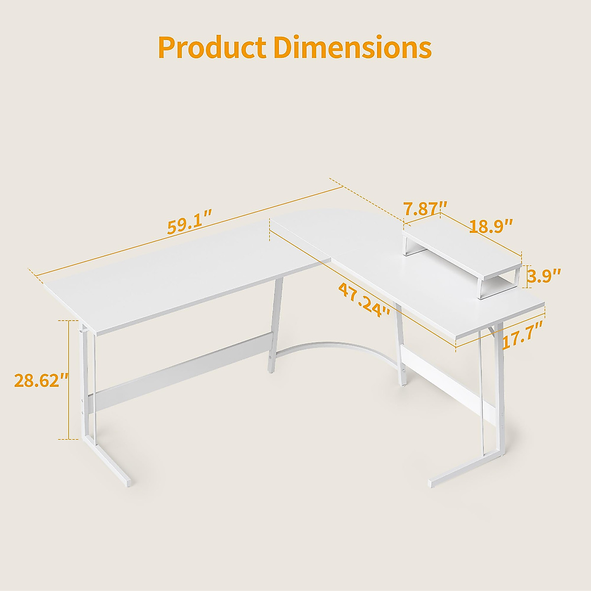 CubiCubi L Shaped Gaming Desk Computer Office Desk, 59 inch Corner Desk with Large Monitor Stand for Home Office Study Writing Workstation, White