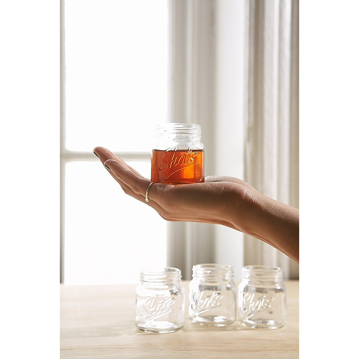 Circleware Mini Mason Jar Heavy Base Shot Glasses Set of 6 Fun Party Home Entertainment Dining Beverage Drinking Glassware Tumbler Whiskey Coffee Espresso Liquor Bar Jello Cups, Script, 4.9 oz