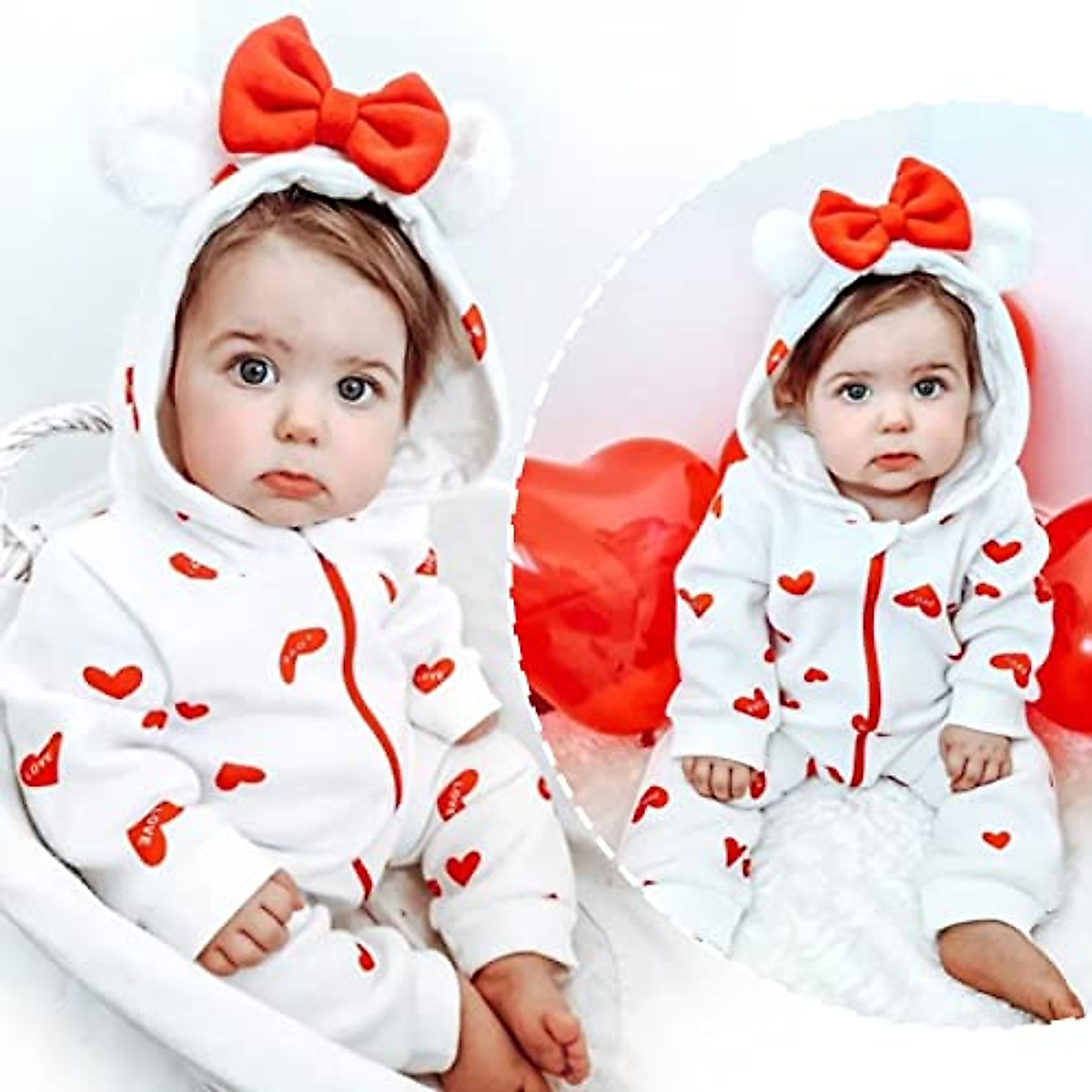 AMAWMW Baby Girl Valentines Day Outfit Newborn Love Heart Hooded Jumpsuit SnowSuit Infant Warm Winter Clothes Gifts Set Stuff