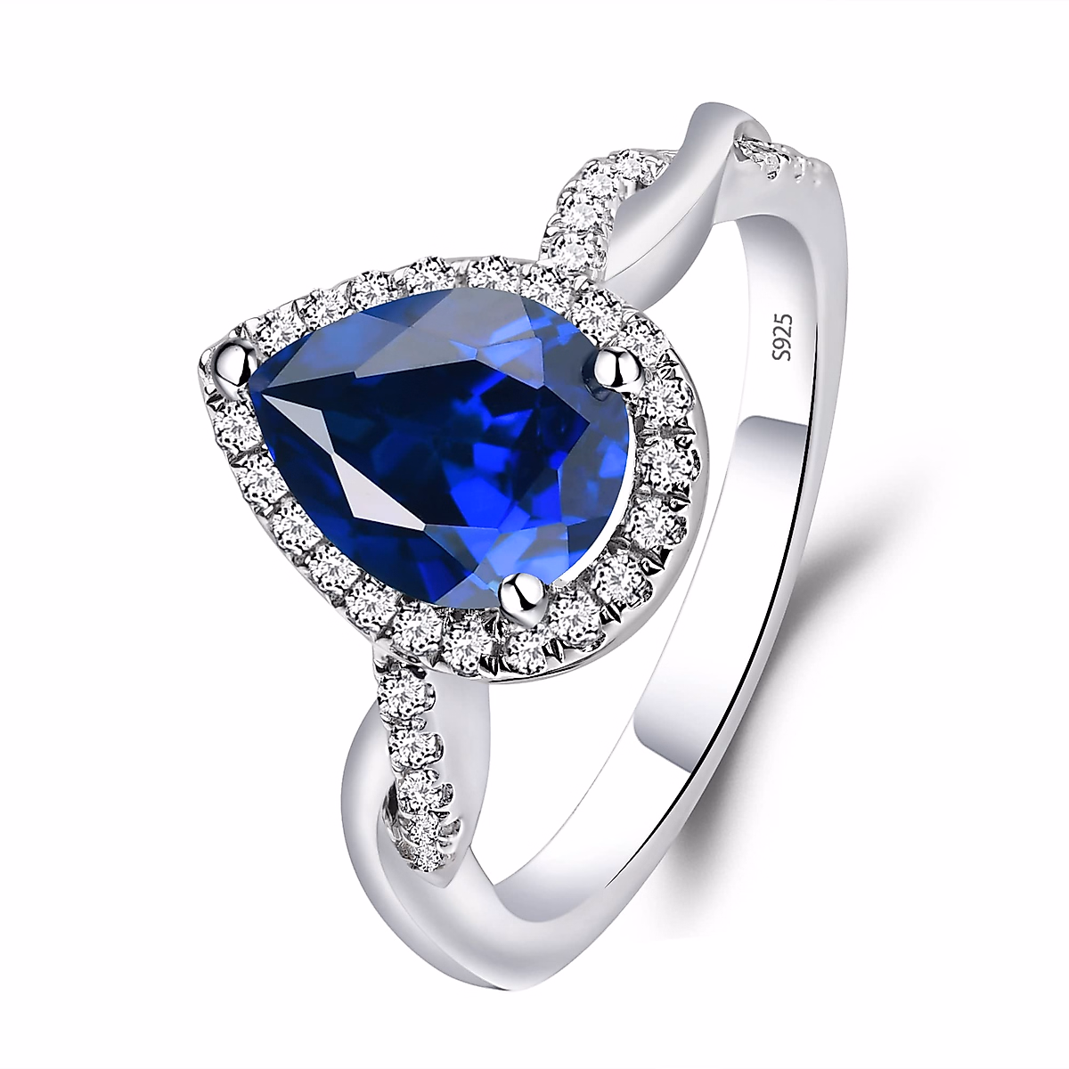 LUO 925 Sterling Silver Twist Rings Pear Shaped Halo Created Sapphire Ring Engagement Statement Ring for Women US Size 7