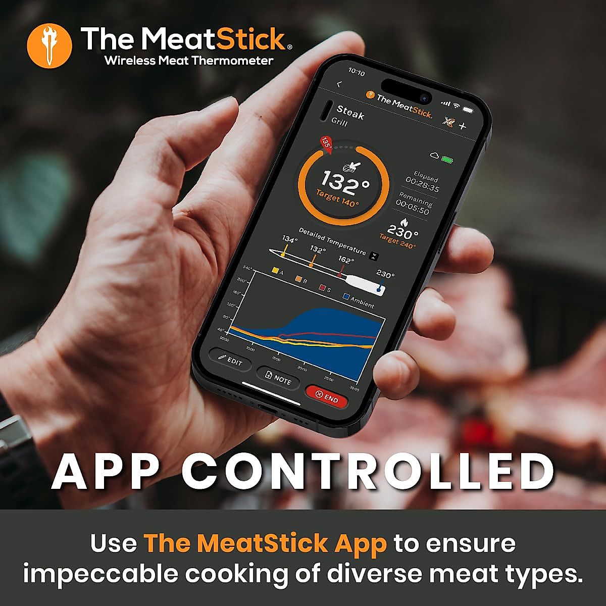 MeatStick 4 (One Probe Set) | Quad Sensors Smart Wireless Meat Thermometer | Digital Food Probe with Bluetooth | for Smoking, Grilling, BBQ, Air Fryer, Deep Frying, Oven, Rotisserie | Limited Range