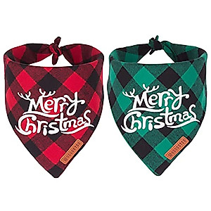 ADOGGYGO Christmas Dog Bandanas, Classic Red Green Plaid Dog Christmas Scarf Triangle Bib, Multiple Sizes Offered, Merry Bandanas for Medium Large Dogs (Large, Christmas)