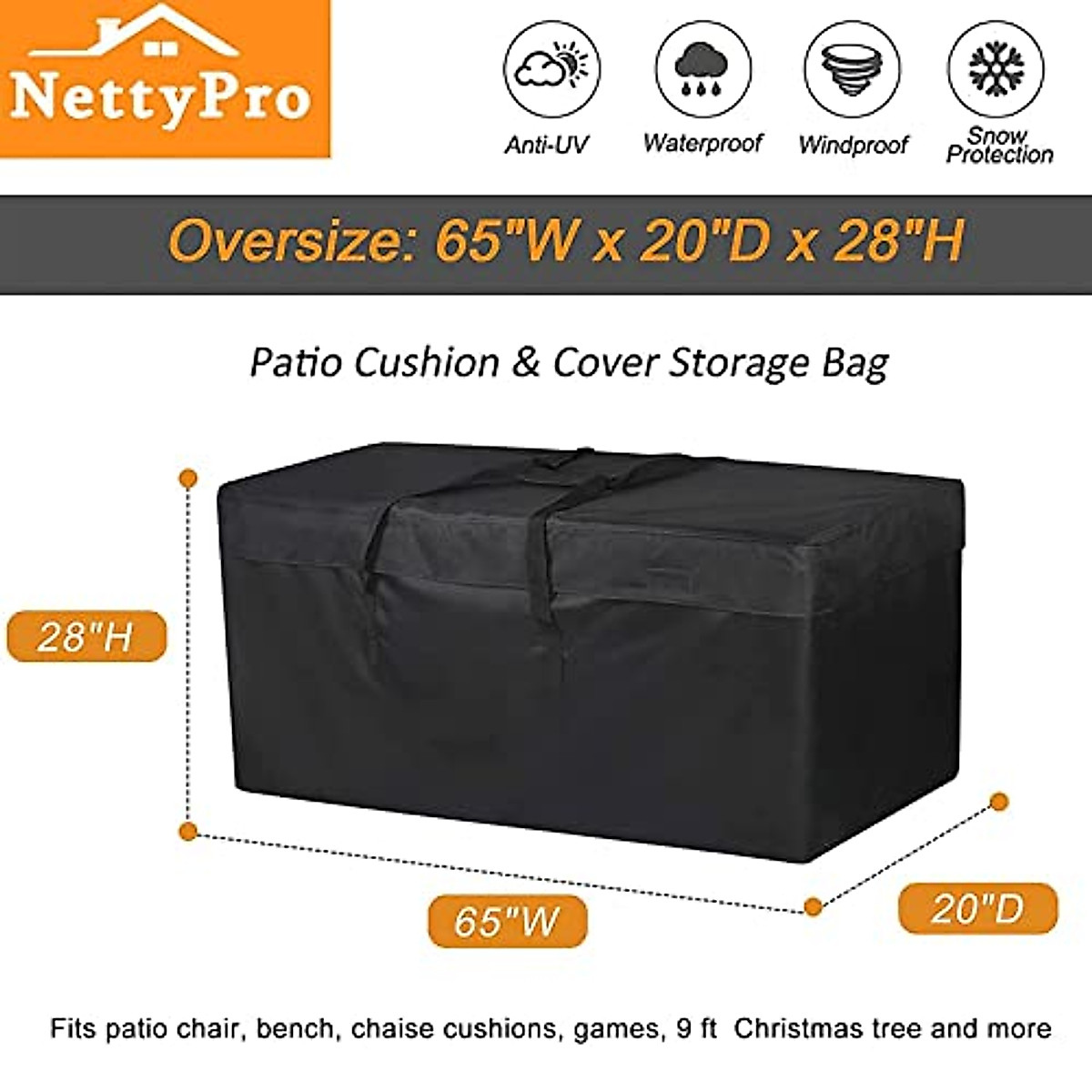 NettyPro Patio Cushion Storage Bags Water-Resistant Extra Large Bag for Outdoor Furniture Christmas Tree Storage Bag 9 Ft, 65 x 20 x 28 Inch, Black