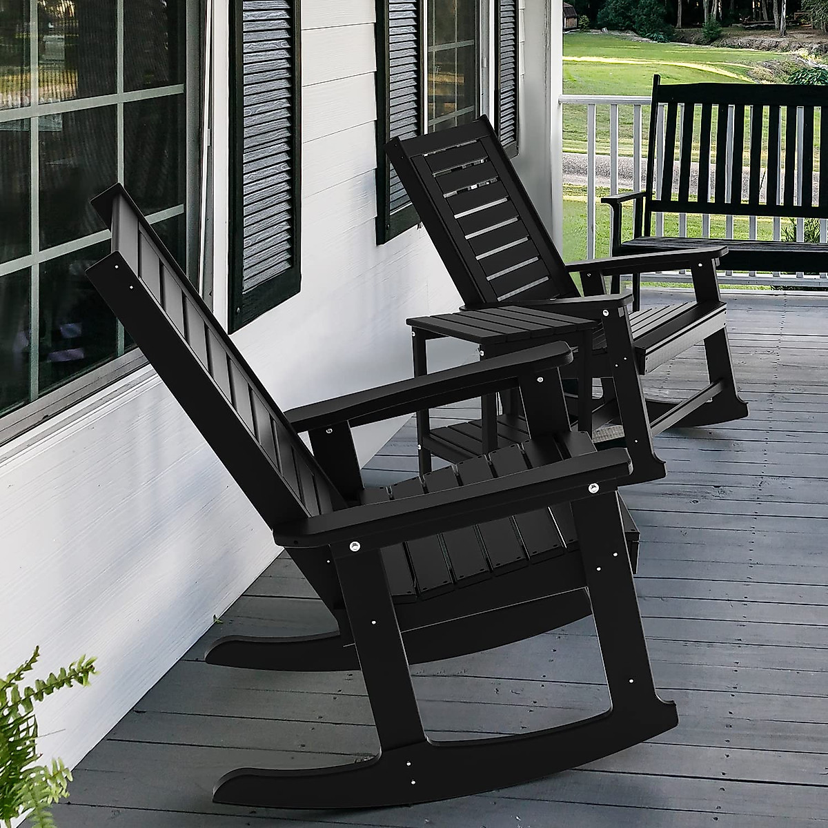 GREENVINES Oversized Rocking Chair, All Weather Resistant Outdoor Indoor Fade-Resistant Patio Rocker Chair，Stable Durable Smooth Rocking, Comfortable Easy to Maintain, Load Bearing 350 lbs (Black)