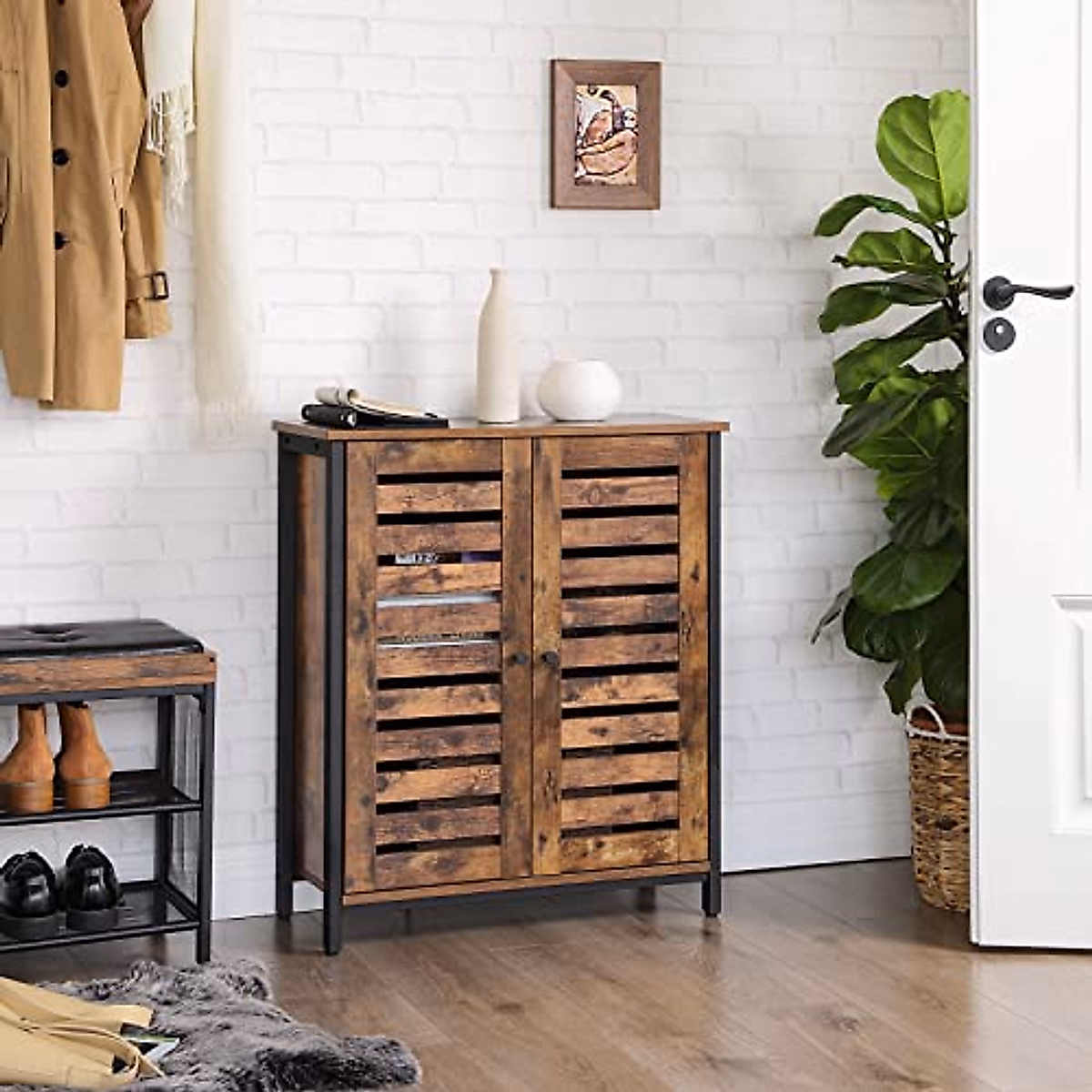 VASAGLE LOWELL Standing Cabinet, Storage Cabinet, Cupboard, Accent Side Cabinet, Sideboard with Louvered Doors, Multifunctional in Living Room, Bedroom, Hallway, Industrial, Rustic Brown ULSC78BX