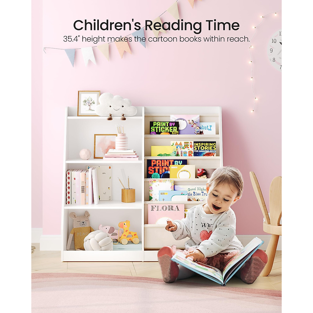 CHOEZON 4-Tier Kids Bookshelf and Toy Storage, 6 Layer Fabric Toddler Bookshelf, Kids Toy Storage Organizer, Sling Kids Bookcase, for Playroom, Bedroom, Nursery, Classroom, White MCW05WT