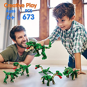 GARUNK 6 in 1 Mighty Dinosaurs Building Blocks Set, Build It Yourself Dinosaur Set, Create a Ceratosaurus, Pterosaur, Diplodocus, Triceratops, Allosaurus, Raptor, for Kids (673 Pieces)
