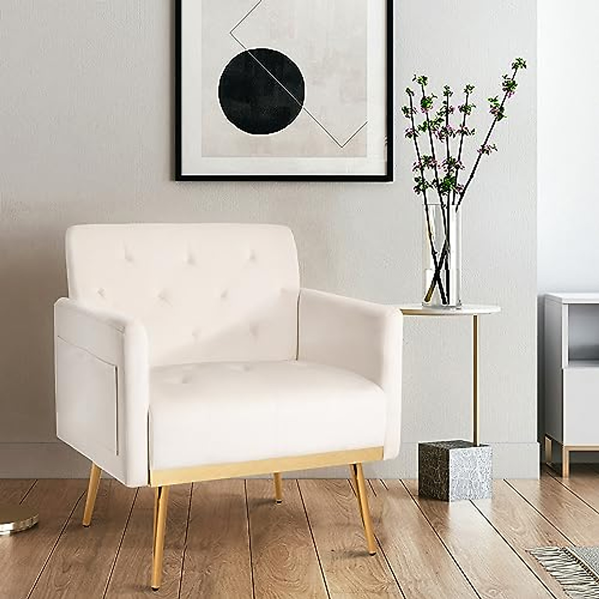 COCO DESIGN Velvet Accent Chair Set of 2 w/Gold Metal Legs, Mid Century Modern Reading Chair w/Side Pocket，Comfy Single Sofa Armchair for Living Room, Bedroom, Beige