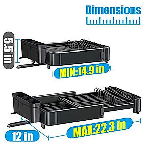 Dish Drying Rack, Aluminium Rustproof Expandable (14.9''-22.3'') Kitchen Counter Dish Rack with Drainboard, Dish Drainer with Drying Mat Utensil Holder Sink Caddy, Black