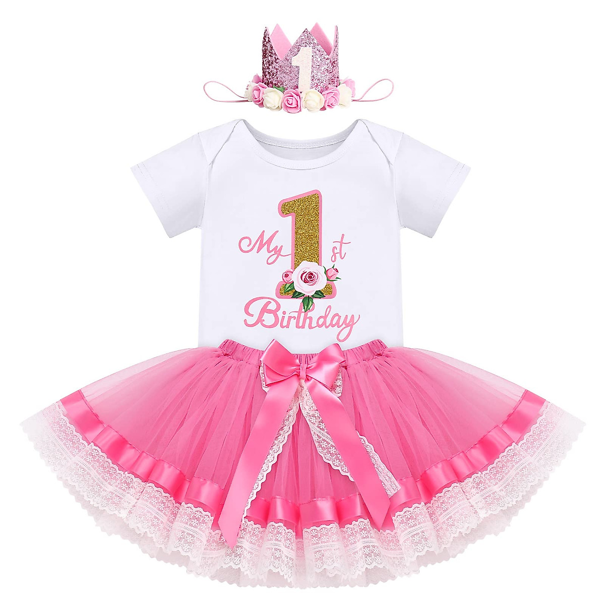 IBTOM CASTLE Baby Girl One Year Old Birthday Floral Lace Party Cake Smash Outfits Short Sleeve Top Princess Romper Bodysuit + Tutu Rainbow Skirt Set+Headband Fancy Dress Hot Pink-1 old,Birthday,
