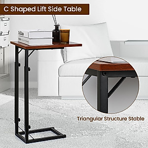 WHEARTED Adjustable C Shaped End Table - C Table Side Table for Couch and Sofa, Small Coffee Table with Metal Frame in Living Room, Bedroom, Bedside Rustic Brown
