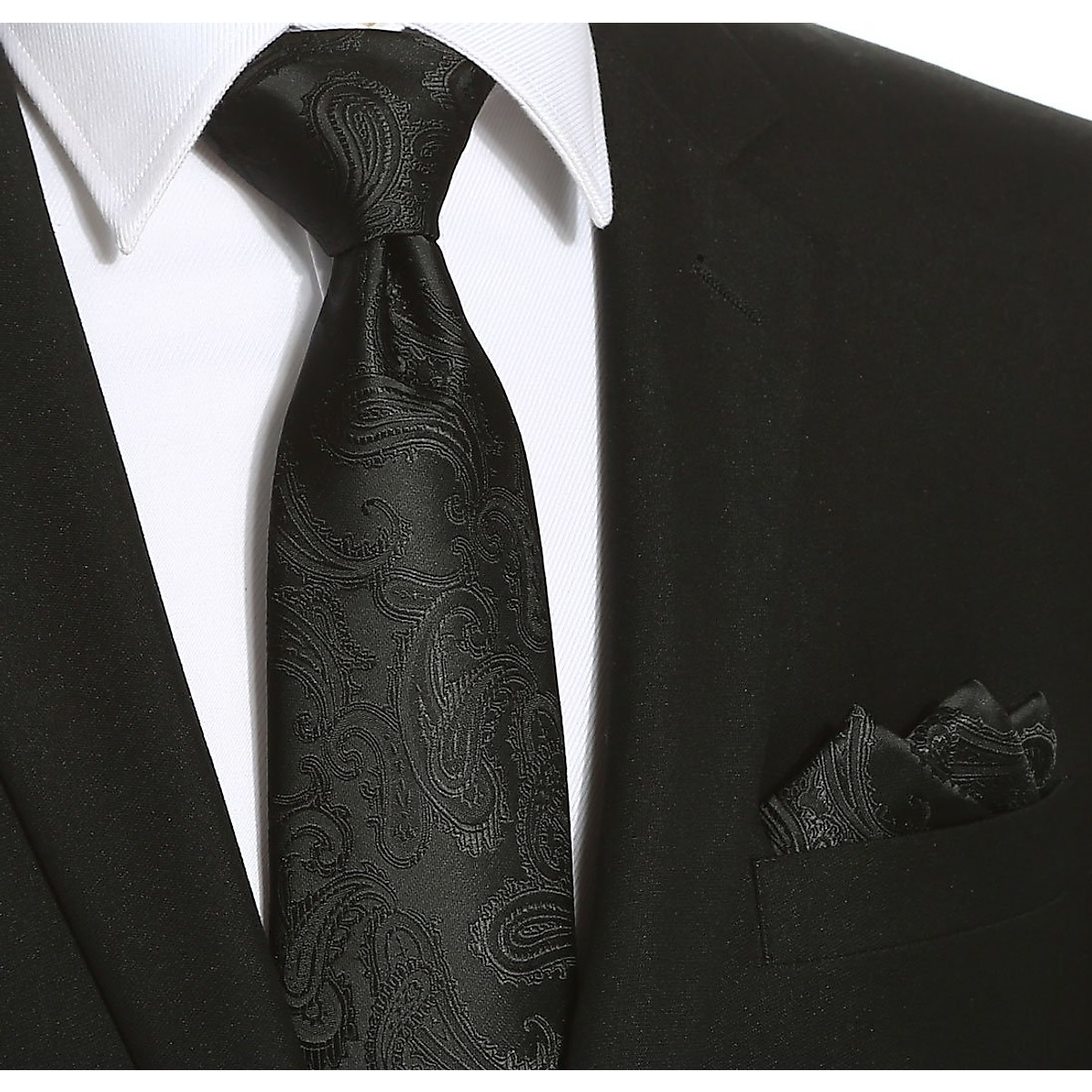 KissTies Mens Black Tie Set: Paisley Necktie + Pocket Square