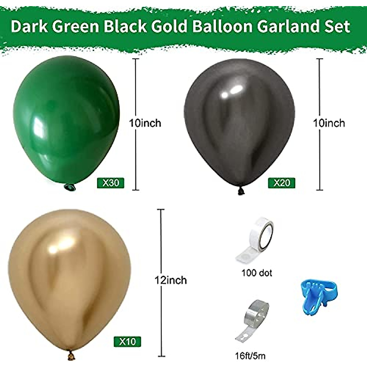 Balloon Garland Kit, Dark Green and Black Latex Party Balloon & Metallic Gold Balloons Arch, Green Gold Black Birthday Decoration Party Supplies for Wedding Baby Shower Bridal Engagement, Anniversary