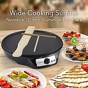 Electric Crepe Maker & Griddle -Easy to Clean Detachable Nonstick Cooktop - Cooks Crepes Bacon, Tortillas & Omelets - 12inch Cook Area with Adjustable Temperature - Includes Spatula & Batter Spreader