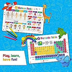 Simply Magic Discovery Set of 5 Educational Placemats for Kids - Kids Placemats Non Slip for Dining Table, Wipeable Reusable Plastic Placemats for Kids: USA, World Map, Periodic Table, Solar System