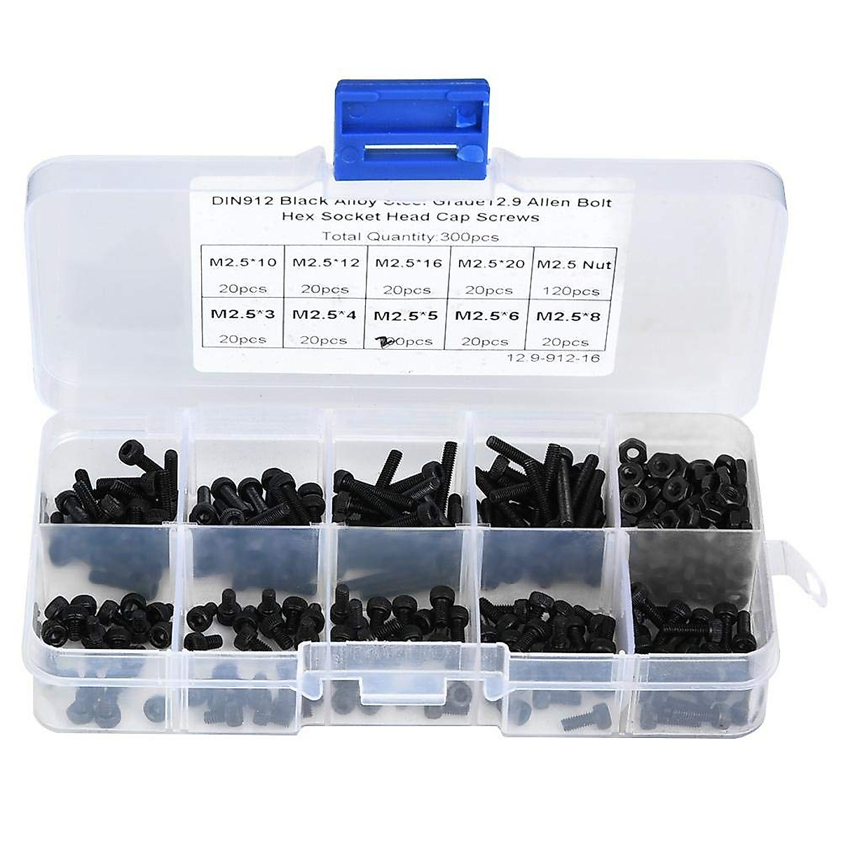 M2.5 x 3-20mm Alloy Steel Socket Head Screws, Black Screw Bolt with Nut, 300Pcs Socket Head Cap Screw Fastener for Professionals Amateurs