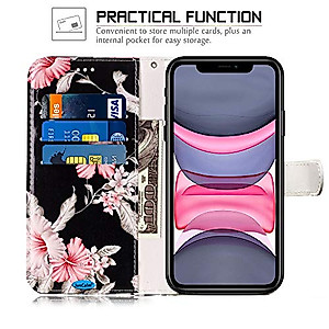 JanCalm Compatible with iPhone 11 Wallet Case, Floral Pattern Premium PU Leather [Wrist Strap] [Card/Cash Slots] Stand Feature Flip Cases Cover for iPhone 11 Case Wallet (Black/Flower)
