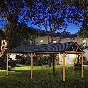 Domi 12' x 20' Hardtop Gazebo with Galvanized Steel Gable Roof, Pergola with Wood-Looking Aluminum Frame, Permanent Pavilion Outdoor Gazebo with Ceiling Hook for Deck Patio Lawn Yard Backyard Grill