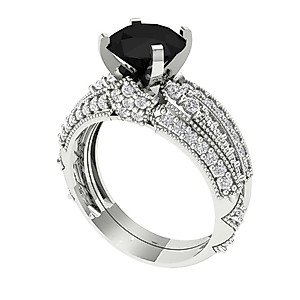 2.10ct Round Cut Laser Engraving Pave Natural Black Onyx Engagement Bridal Wedding Ring Band set Solid 18K White Gold Size 8