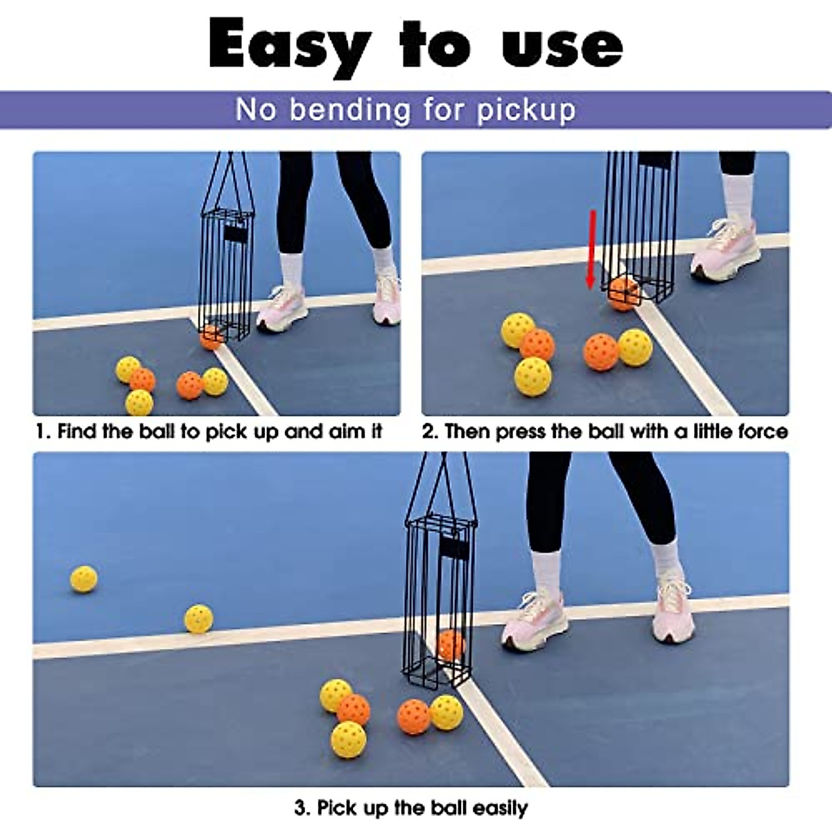 ELKCIP Portable Pickleball & Tennis Ball Collector - Pickle Ball Retriever Basket Carrier Gatherer Picker Hopper Container for Picking and Storage Training Tool for Ball, Integral