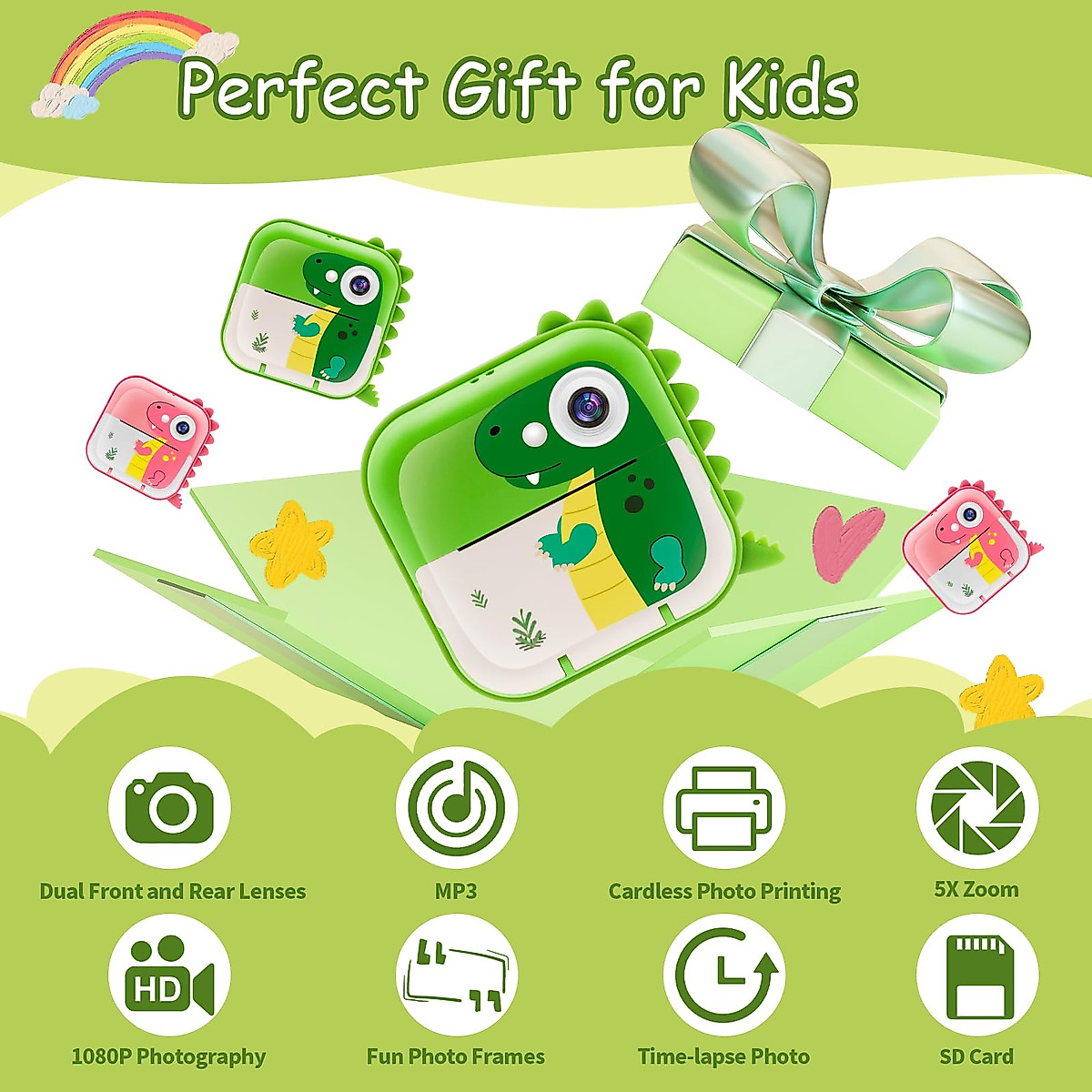 Nameer kids camera instant print,1080P HD Digital Camera with 32G SD Card,24MP Photography and selfies,Toddler Portable Camera Toy Age 3-14,Birthday for 3-14 Year Old Girls Boys-Green