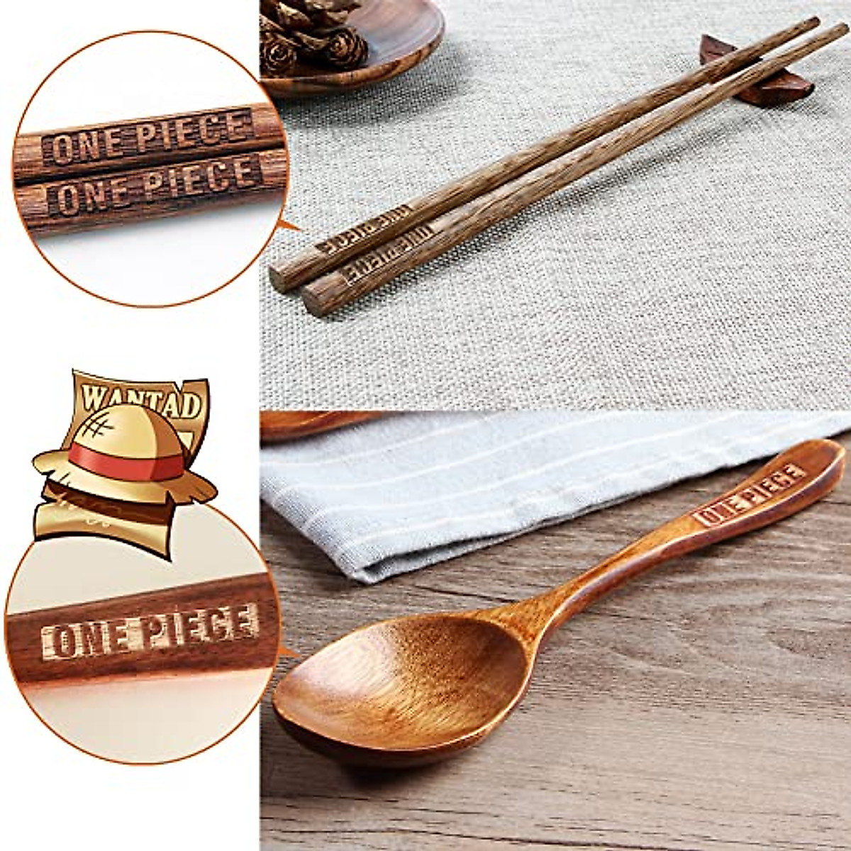 shiningsoul 3 PCS ONEPIECE Luffy Straw Hat Ramen Bowl Set Anime (Straw Hat Ceramic Bowl + Wooden spoon + Chopsticks) Dishwasher & Microwave Safe - Good Gift for Anime Fans