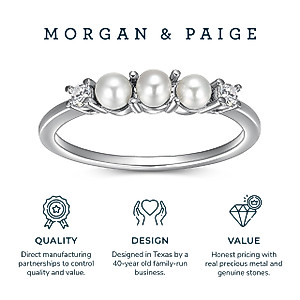 MORGAN & PAIGE Rhodium Plated Sterling Silver Freshwater Cultured Pearl and Cubic Zirconia Ring for Women, Size 7
