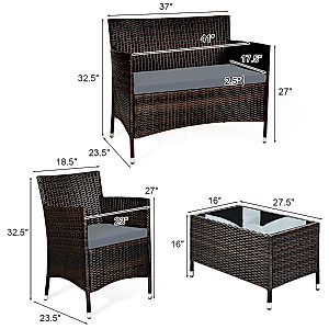 RELAX4LIFE 4-Piece Patio Furniture Set - Wicker Rattan Chairs w/Tempered Glass Coffee Table & Seat Cushions, Sofa Set for Garden Backyard Porch Balcony, Outdoor Conversation Set (Grey, 1)