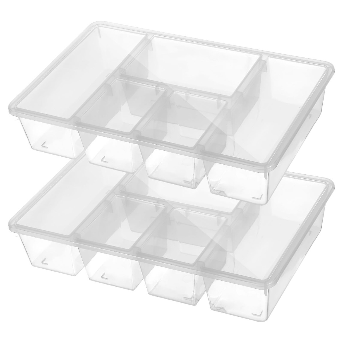 Tideme 2 Pack Divided Veggie Tray with Lid - 5 Compartment Snackle Box Containers for Fridge, Clear Refrigerator Vegetable Food Storage Plastic Organizer Bins for Snack, Fruit, Vegetable, Salad, Meat
