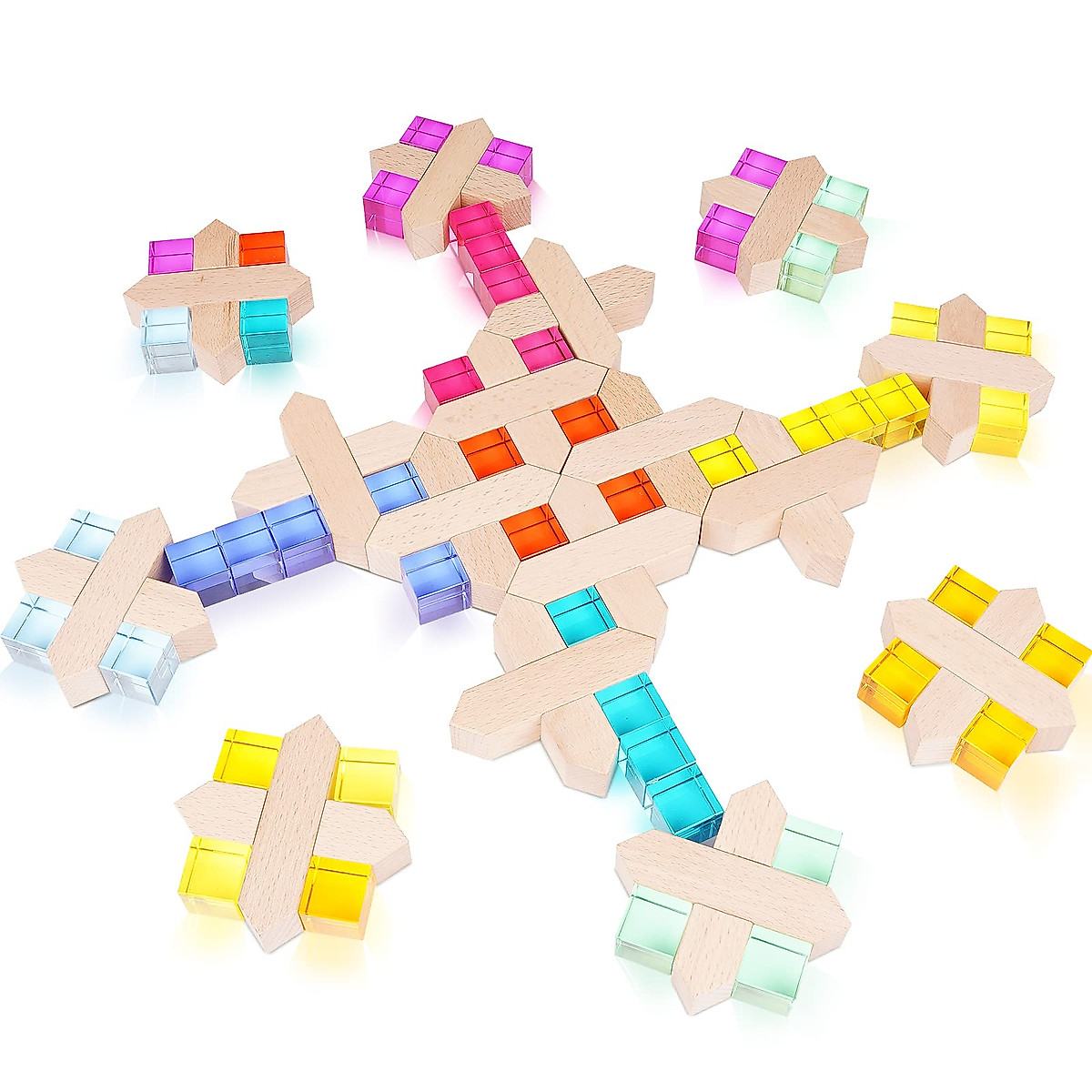 Agirlgle Wooden Rainbow Building Blocks Cube Gem Stacking Blocks Toy - Colorful Montessori Rainbow Stacker Toy Elegant Wood Rainbow Cube Blocks- Acrylic Blocks Educational Toys for Toddlers- 80Pcs