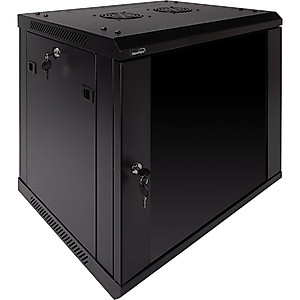 NavePoint 9U Server Rack Enclosure - 17.7” Deep, 9U Wall Mount Network Cabinet with Locking Glass Door for 19” IT Equipment, 9U Network Rack with 2 Fans, Removable Side Panels, Black