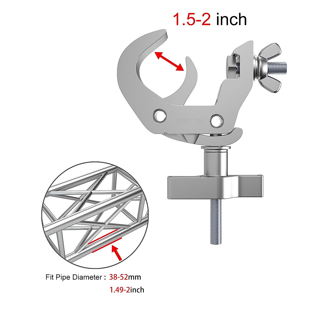 MFL. Heavy Duty Truss Clamp, 330 lb Aluminum Alloy DJ Light Clamps, Fits 1.5-2.0 Inch Truss for Stage Lighting Projector Par Lights, TUV Certificated ID: 50393001, Silver, Pack of 4