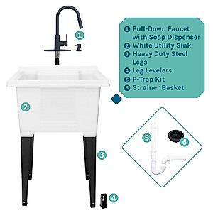 White Utility Sink by JS Jackson Supplies, Tehila Luxe Laundry Tub, Matte Black Hi-Arc Pull-Down Faucet, Soap Dispenser