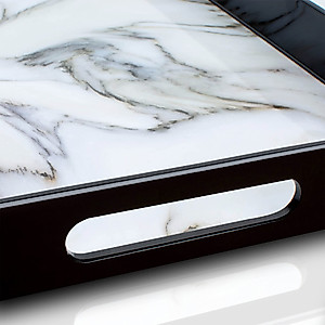 Bowmani Large Ottoman Tray Set - Faux Marble Coffee Table Tray with Black Accents, 18 x 12 Inches